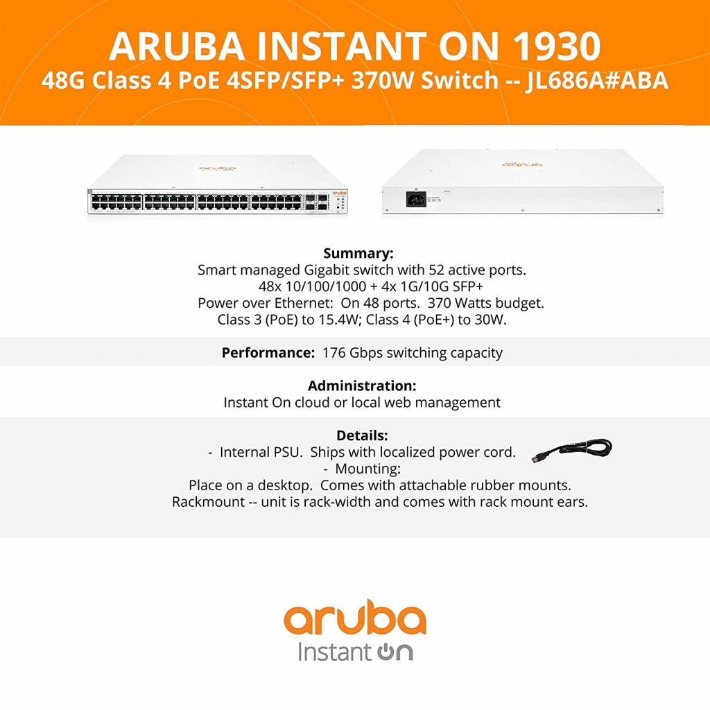 Switch POE Aruba Intant On 1930 48G 4SFP+ 370W (JL686B)| 5Tech.com.vn