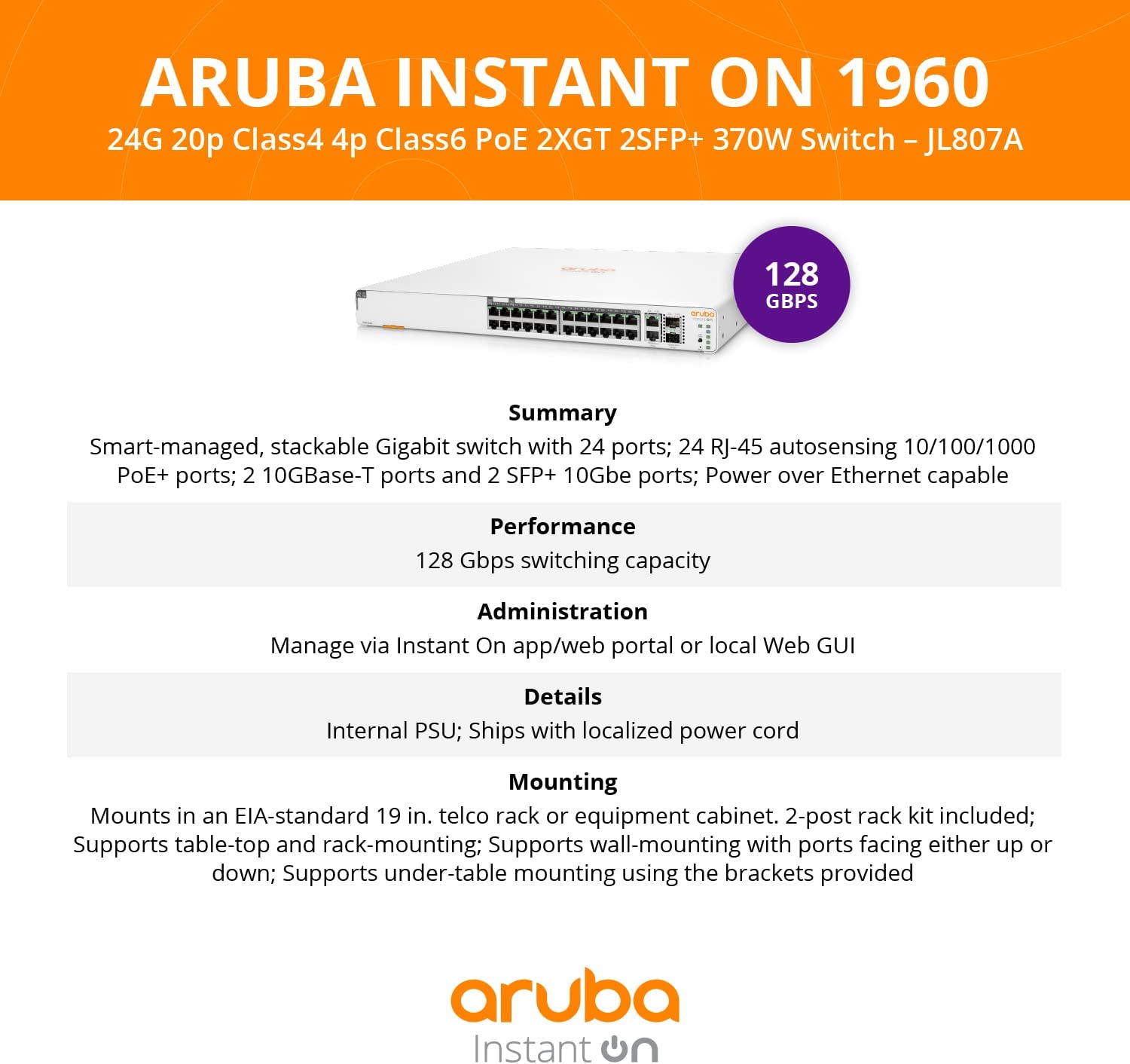 Switch POE Aruba Intant On 1960 24 Ports PoE 2XGT 2SFP+ 370W (JL807A)